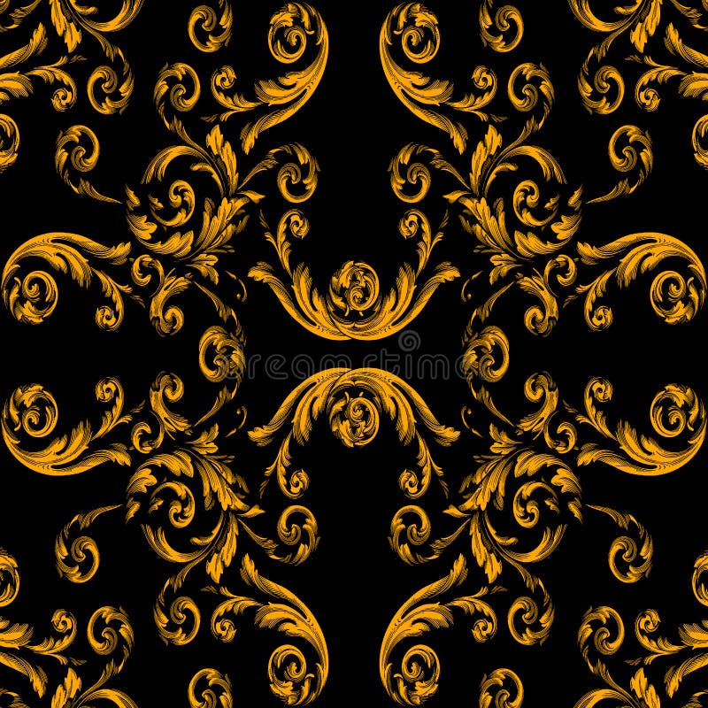 Gold Baroque Hand Draw Antique Style Seamless Pattern Design Black ...