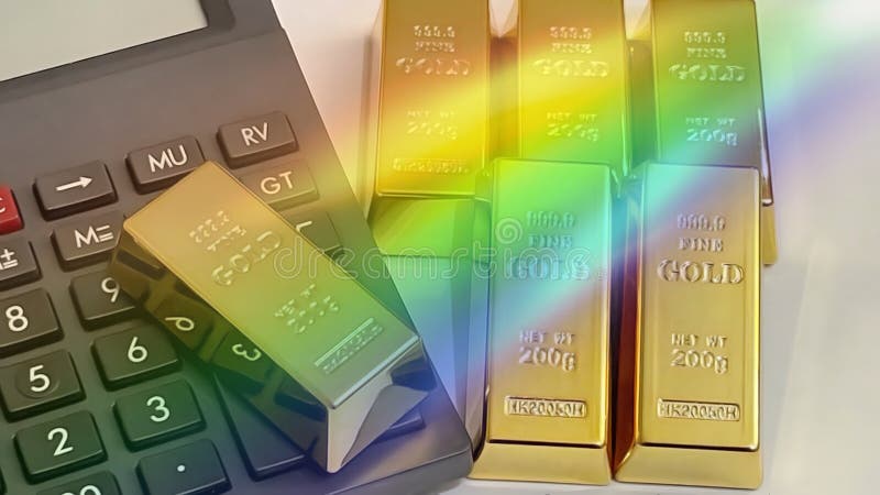 Gold Bars with Calculator and Rainbow Effect Stock Photo - Image of ...