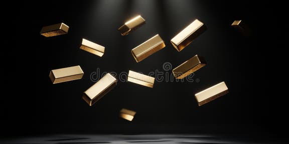 Gold Bars are Dramatically Falling from the Ceiling Against a Black ...