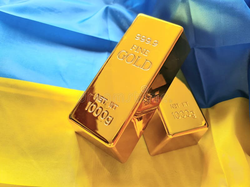 Gold Bars on the Flag Off Ukraine Stock Photo - Image of flag, text ...