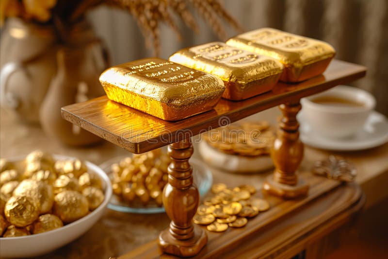 Gold Bars on a Wooden Stand Stock Photo - Image of serveware, baked ...