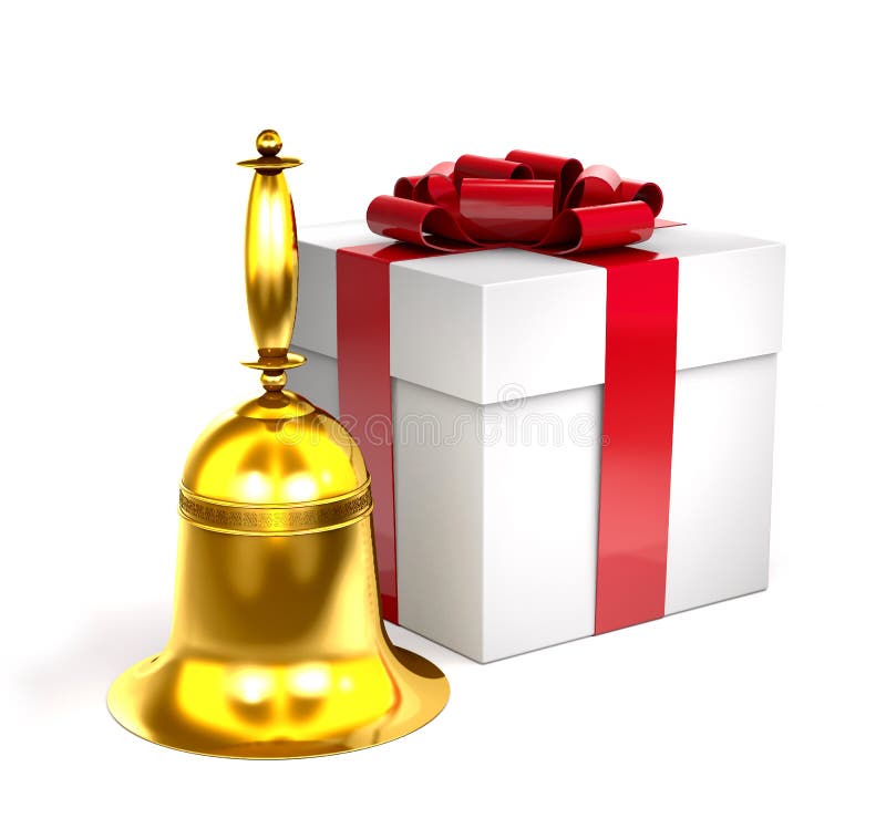 Gold Bell and Gift Box with Red Bow 3d Illustration. Stock Illustration ...