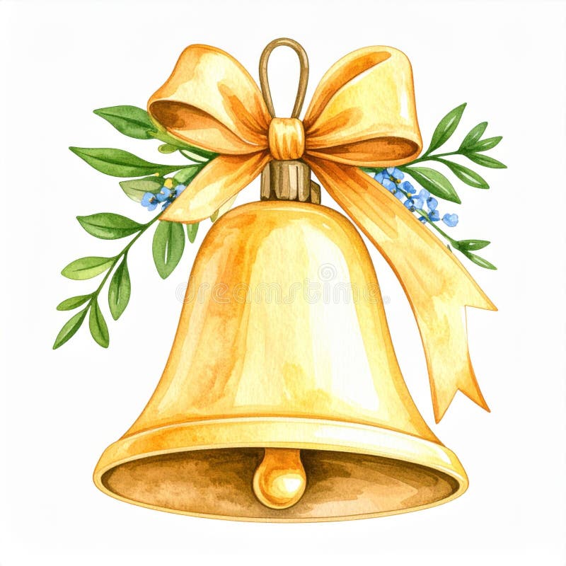 Gold Bell with Yellow Bow and Floral Decor Stock Illustration ...