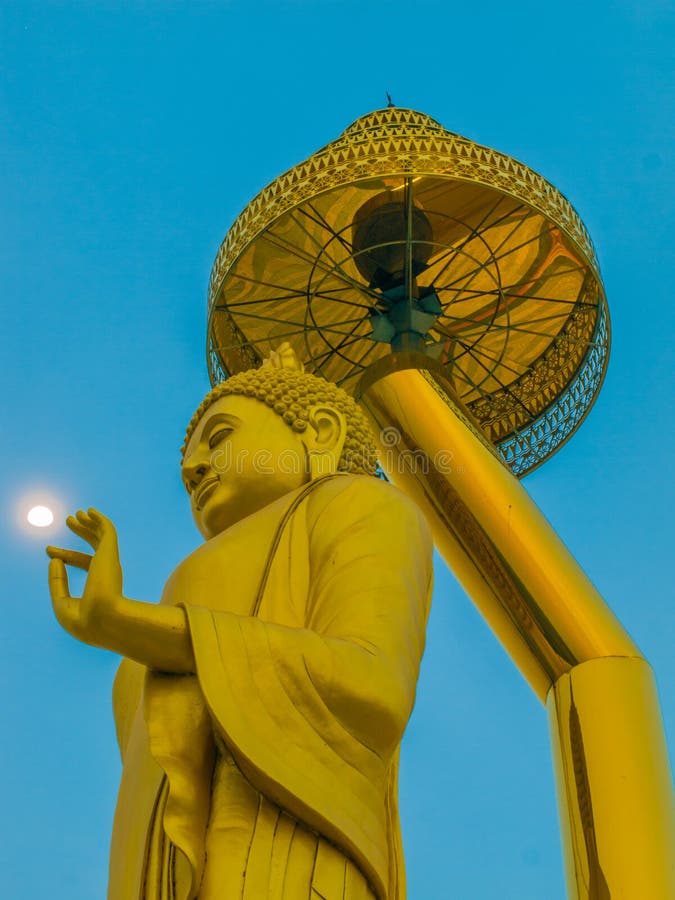Gold Big Buddha Image in Action One Hand Up Touch the Moon Stock Image ...