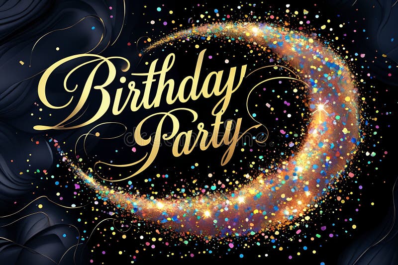 Gold Birthday Party Script on Black Background with Colorful Sparkles ...