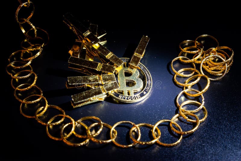 Gold Bitcoin on a Black Background, Gold Rings, Silver Keys Stock Image ...