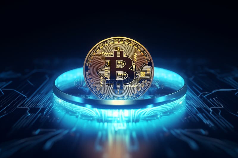 A Gold Bitcoin Coin with Gradient Light Blue Background Stock ...