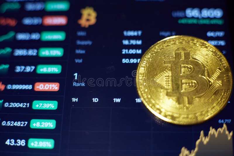 The Gold Bitcoin Coin Lies on the Tablet Screen, Which Shows Changes in ...