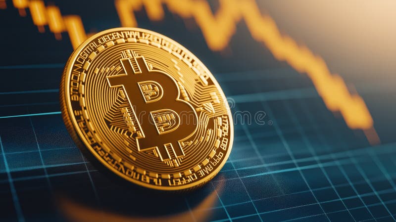 Gold Bitcoin Coin Placed on Computer Screen Showing Declining Graph ...