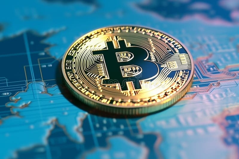 A Gold Bitcoin Coin Placed on World Map and Gradient Light Blue ...