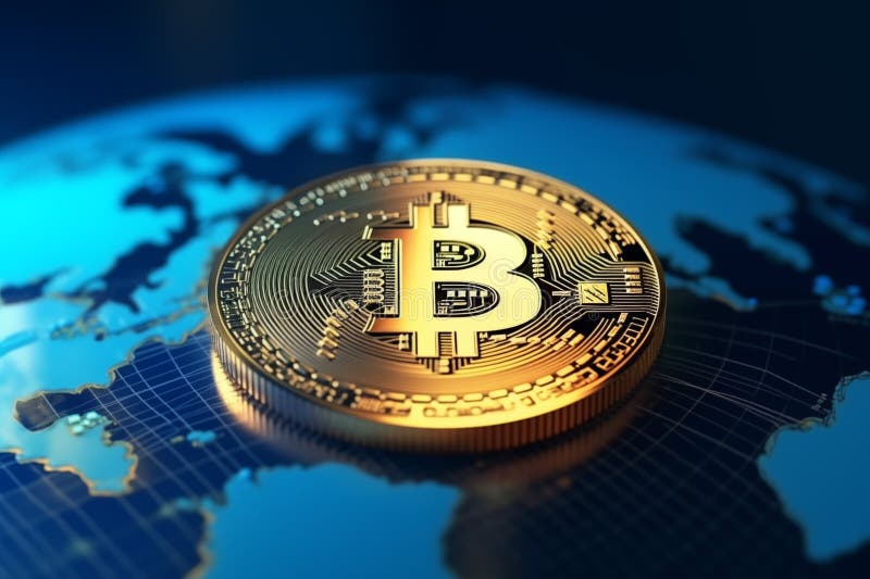 A Gold Bitcoin Coin Placed on World Map and Gradient Light Blue ...