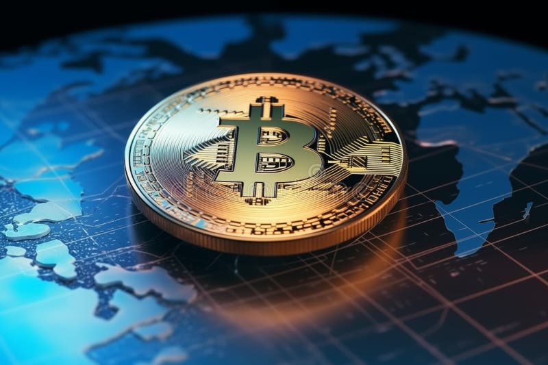 A Gold Bitcoin Coin Placed on World Map and Gradient Light Blue ...