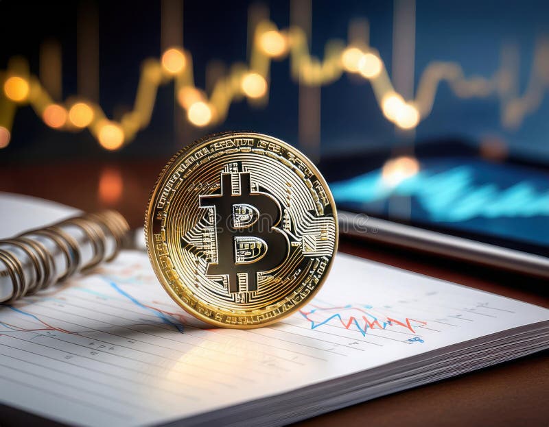 A Gold Bitcoin Positioned on a Notebook while a Tablet Shows a ...