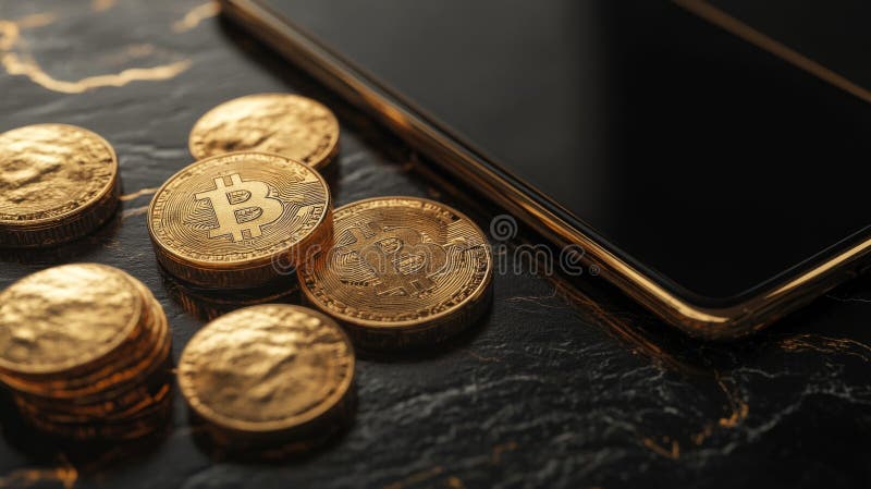 Gold Bitcoin Coins Near a Smartphone Display Stock Illustration ...