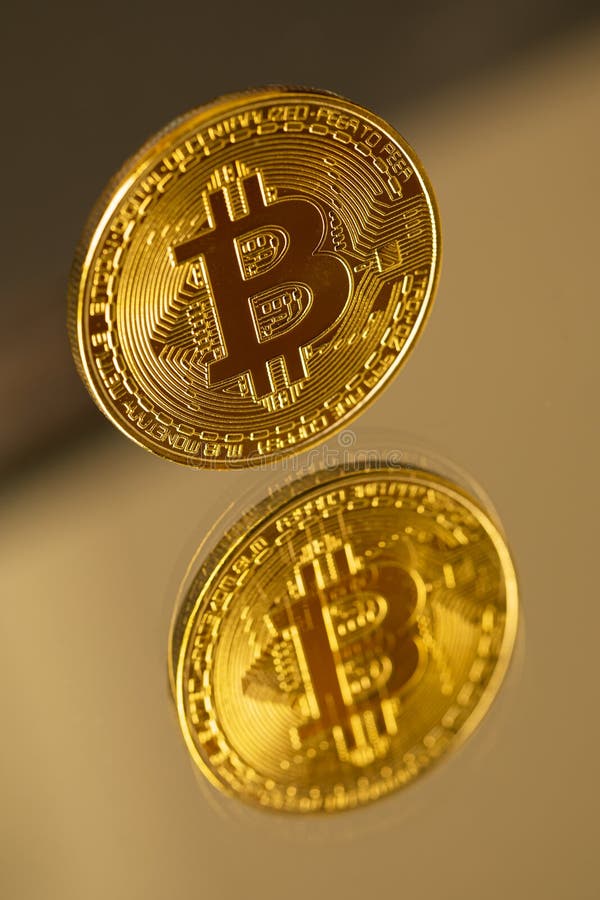 Gold Bitcoin Cryptocurrency Coin with Reflection on Mirror Stock Photo ...