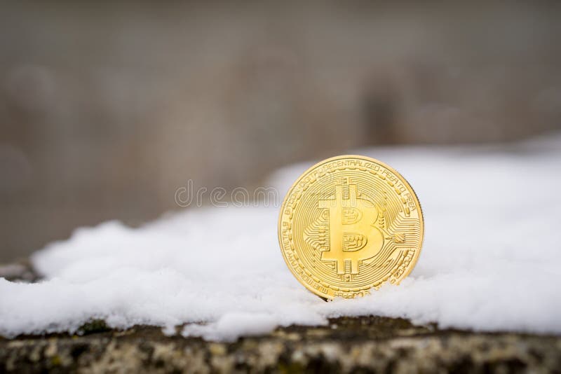 Gold Bitcoin Placed in Snow on Concrete. Isolated Scene of Cryp Stock ...