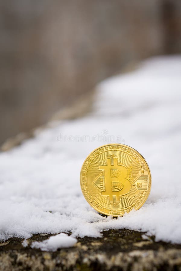 Gold Bitcoin Placed in Snow on Concrete. Isolated Scene of Cryp Stock ...