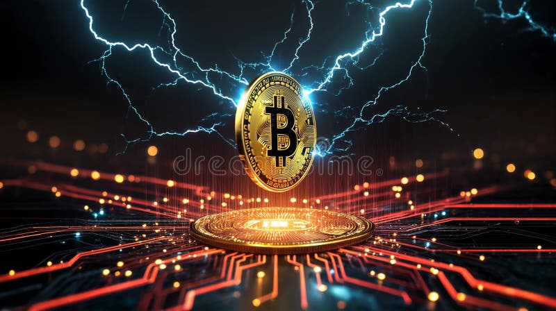 A Gold Bitcoin Surrounded by Bolts of Electricity with Lights and Wires ...