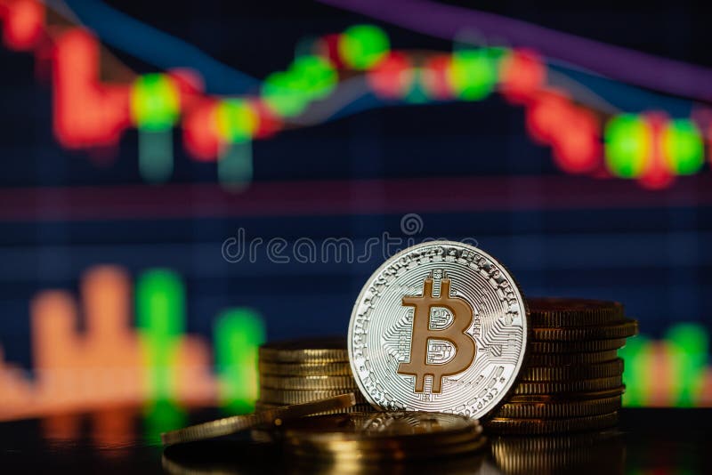 Gold Bitcoins with Candle Stick Graph Chart and Digital Background ...