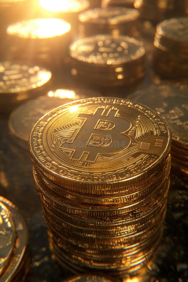 Gold Bitcoins Pile stock photo. Image of chain, finance - 377622142
