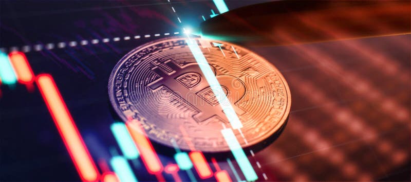 Gold Bitcoins on a Stack of Coins with Chart of Growing and Falling ...