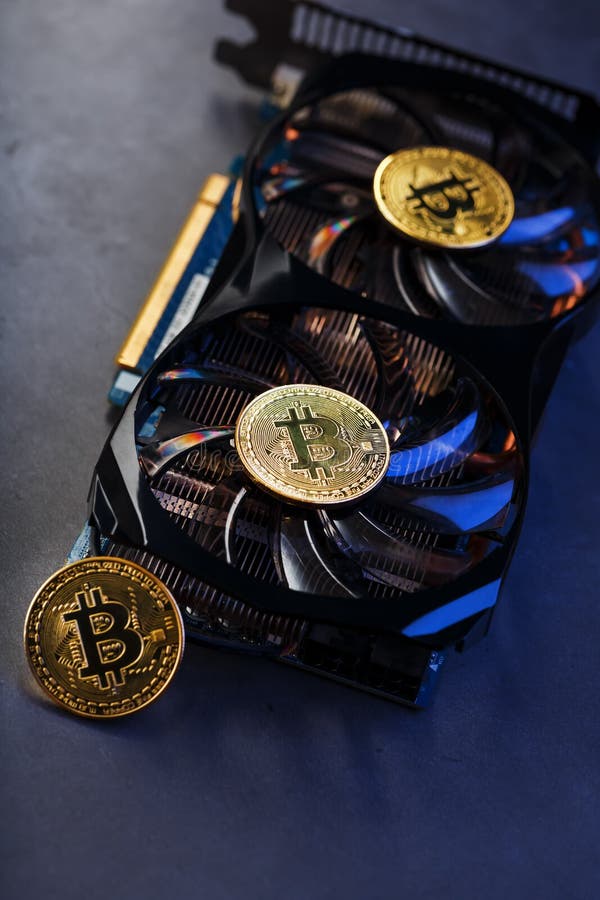 Gold Bitcoins on a Video Card with a Blue Backlight in the Style of ...