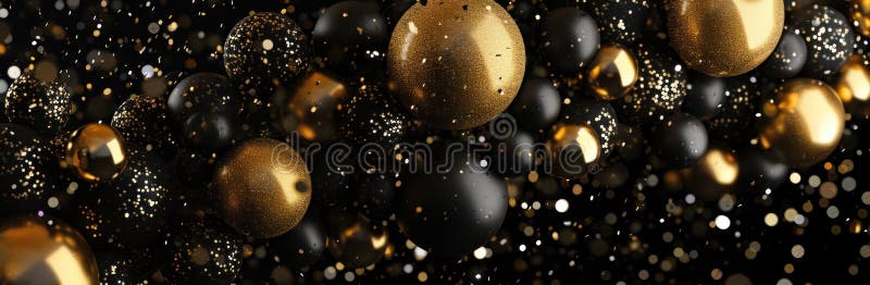 Gold and Black Balloons Strands on Black Background Stock Image - Image ...