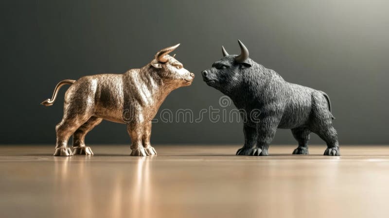 Gold and Black Bull Statues Facing Off on Wooden Surface Stock ...