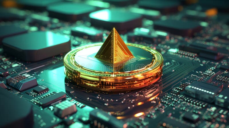 A Gold and Black Coin with a Pyramid on Top of a Circuit Board ...