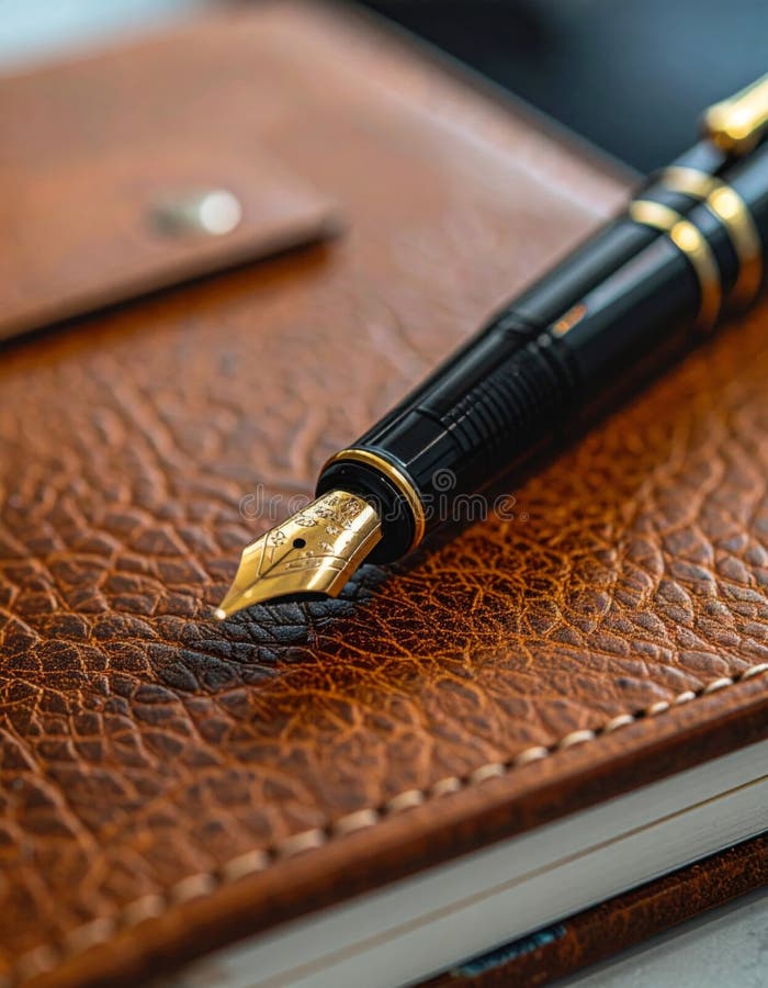 Gold and Black Fountain Pen on Brown Leather Notebook Stock ...