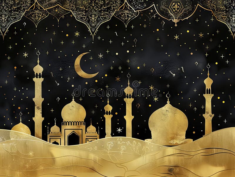 A Gold and Black Islamic Scene with a Crescent and Moon Stock Image ...