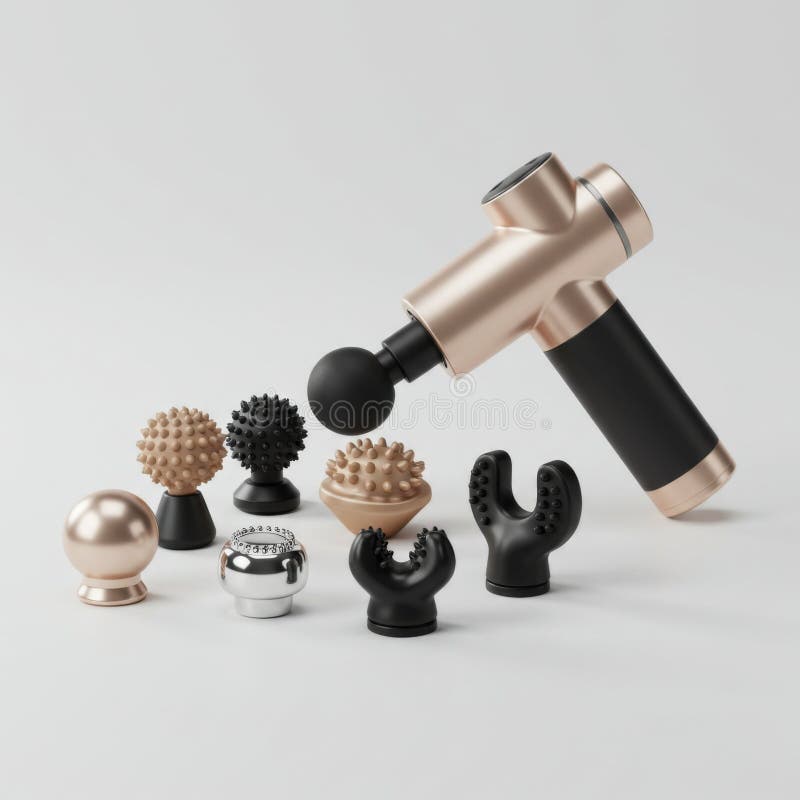 Gold and Black Massage Gun with Multiple Attachments on Neutral Backdrop Stock Illustration ...