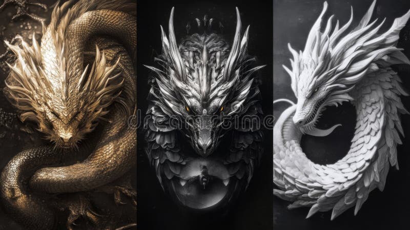 Gold Black White Dragons Digital Art Triptych Stock Illustration ...