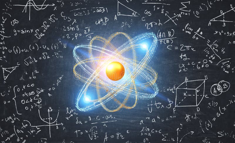 Gold and Blue Atom Model and Formulas Blackboard Stock Illustration ...