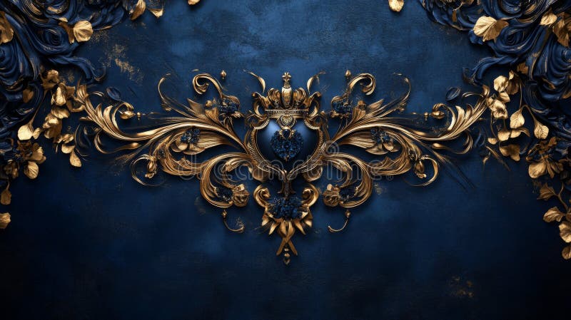 Gold and Blue Baroque Heart Ornament with Crown Stock Illustration ...