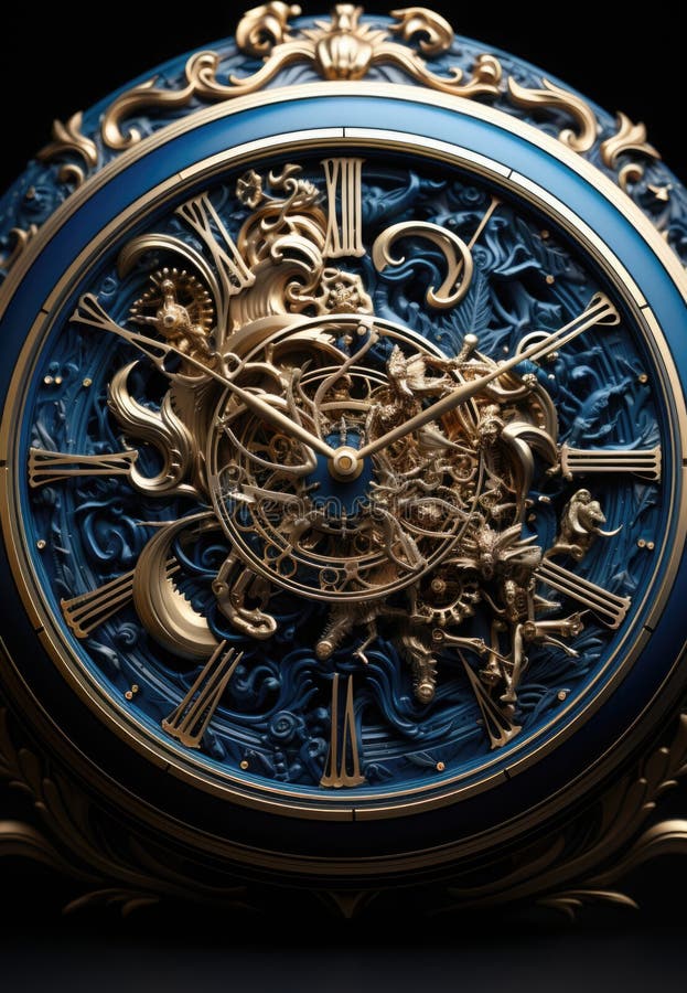 A Gold Clock with Blue Dials on a Black Background. Digital Image ...