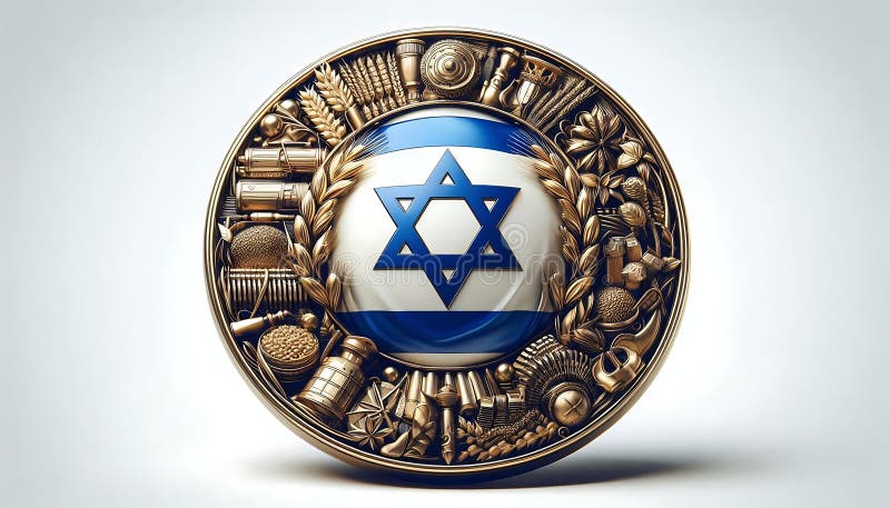 A Gold and Blue Coin with a Star of David on it. the Coin is Decorated ...