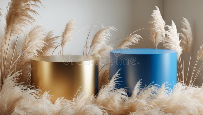 Gold and Blue Cylindrical Platforms with Pampas Grass Stock Image ...
