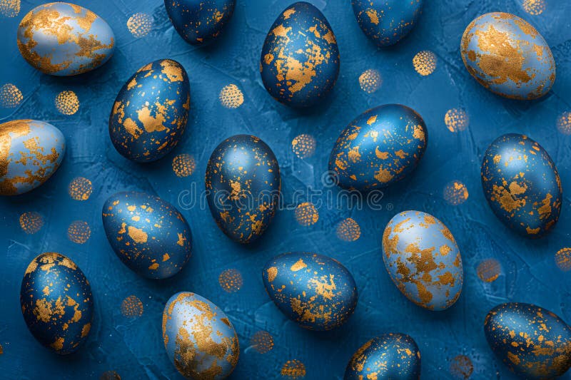 Gold and Blue Easter Eggs with Pattern on Textured Navy Background ...