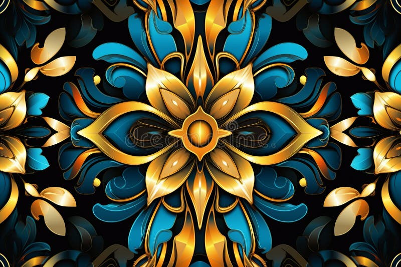 Gold and Blue Floral Pattern on a Black Background Stock Illustration ...