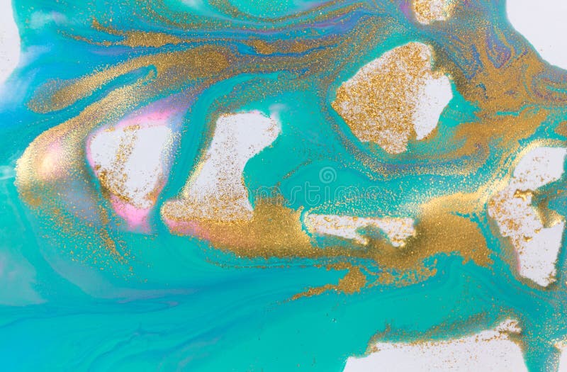 Gold and Blue Mixed Inks Splattered on White Paper Background. Stock ...