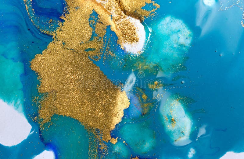 Gold and Blue Mixed Inks Splattered on White Paper Background. Stock ...