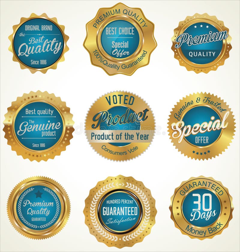 Gold and Blue Premium Quality Labels Stock Illustration - Illustration ...