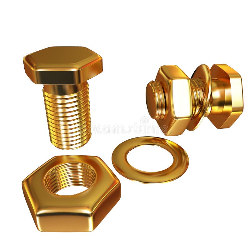 Gold Bolt with nut stock illustration. Illustration of copper - 126349739