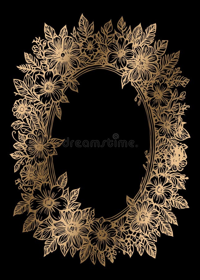Gold Botanical Frame for Use in Graphics . Flower Leaves on a Black ...