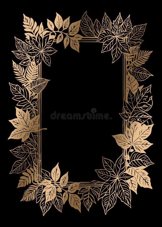 Gold Botanical Frame for Use in Graphics . Flower Leaves on a Black ...