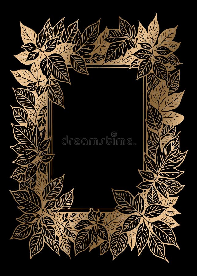 Gold Botanical Frame for Use in Graphics . Flower Leaves on a Black ...