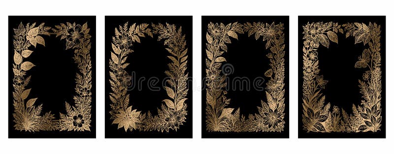 Gold Botanical Frame for Use in Graphics . Flower Leaves on a Black ...