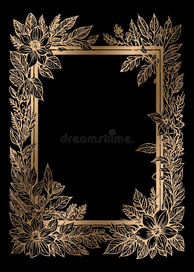 Gold Botanical Frame for Use in Graphics . Flower Leaves on a Black ...