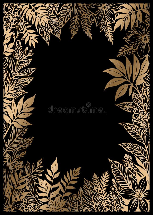 Gold Botanical Frame for Use in Graphics . Flower Leaves on a Black ...